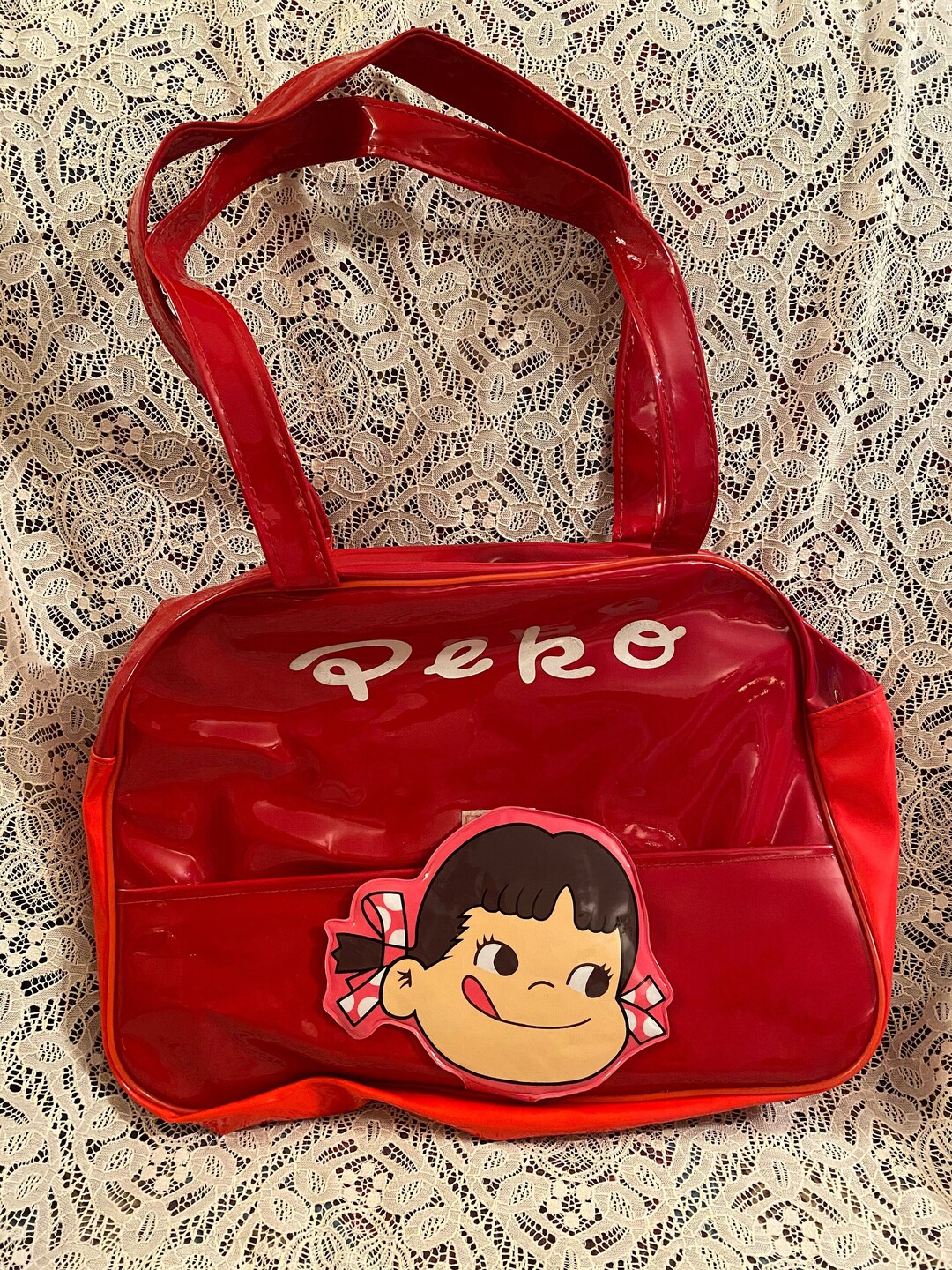 Vintage Y2K Peko Red Shiny Tote Bag With Flower Charm Added to Zipper ...