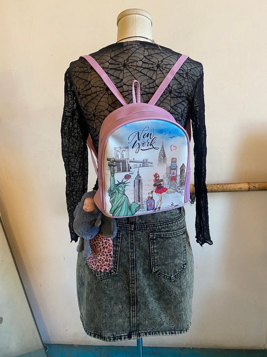 Upcycled Lavender Mini New York Backpack With Kawaii Fuzzy Baby Bunny ...