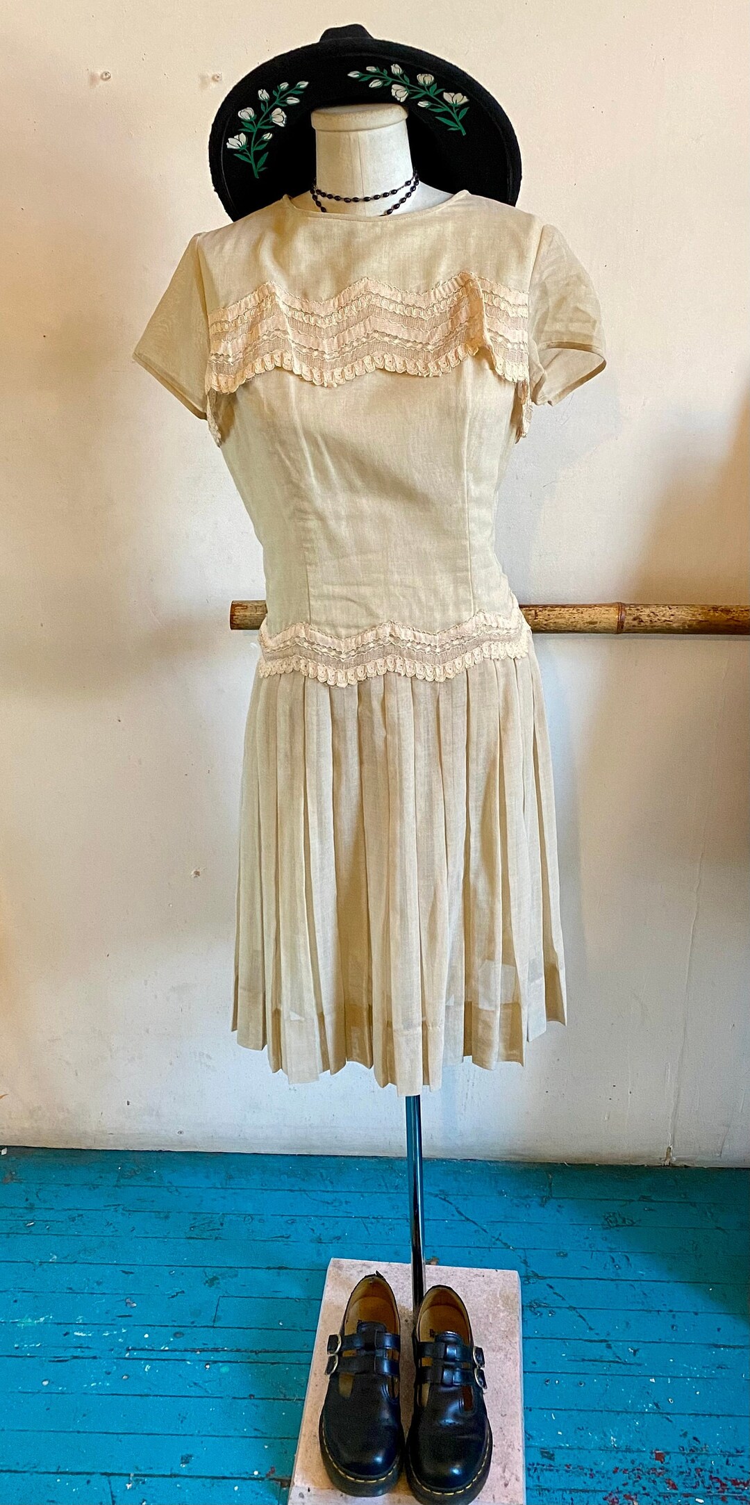 Vintage 60s Herman Marcus Dallas Beige Dress With Lace and Pleated ...