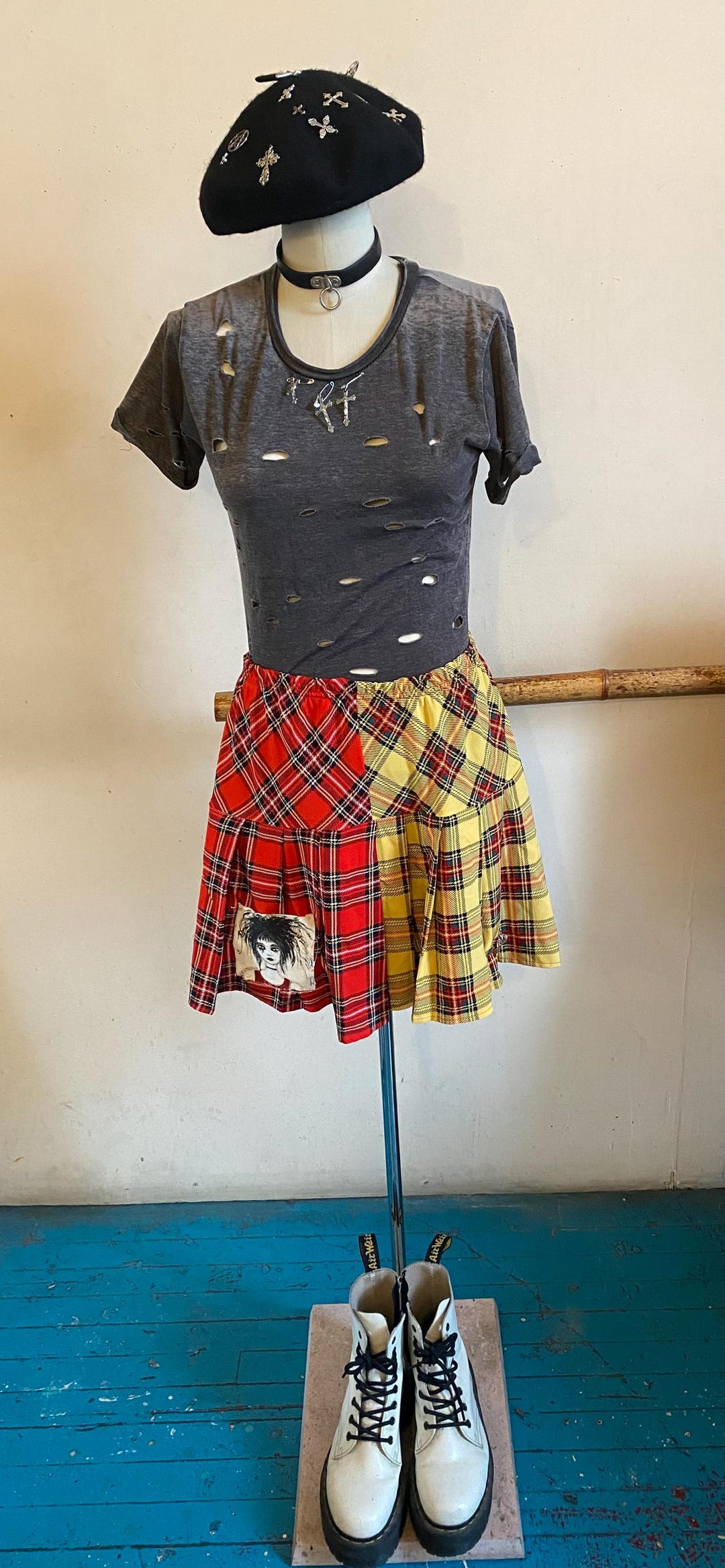 Kawaii Up-cycled Goth Girl Hand Painted Patch Bat Kilt Pin Punk DIY ...