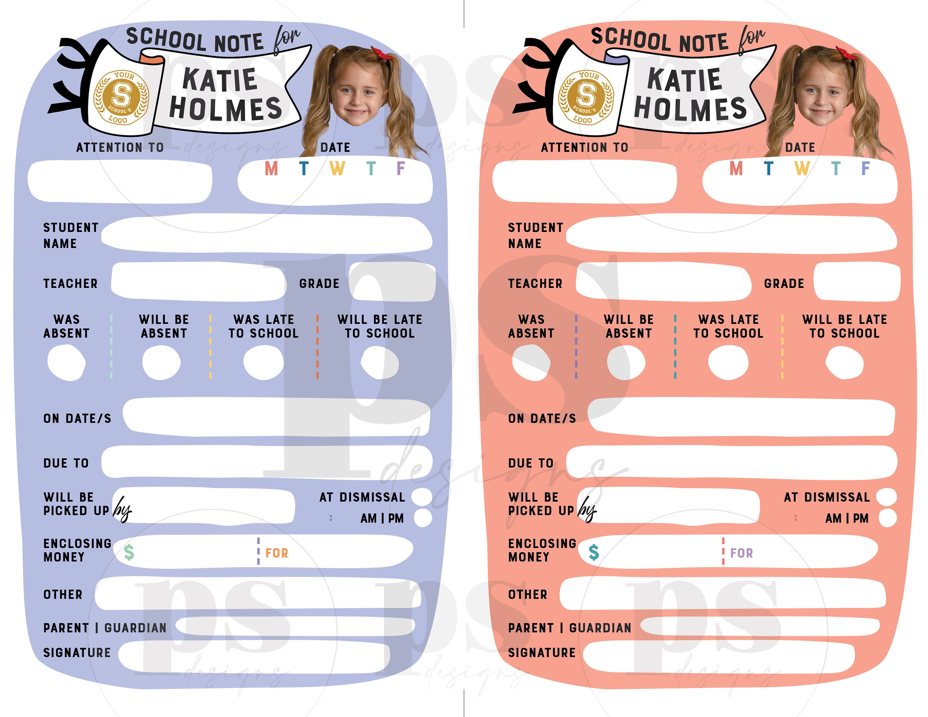 CUSTOM School Note, Printable, Downloadable - School Logo & Childs Face ...