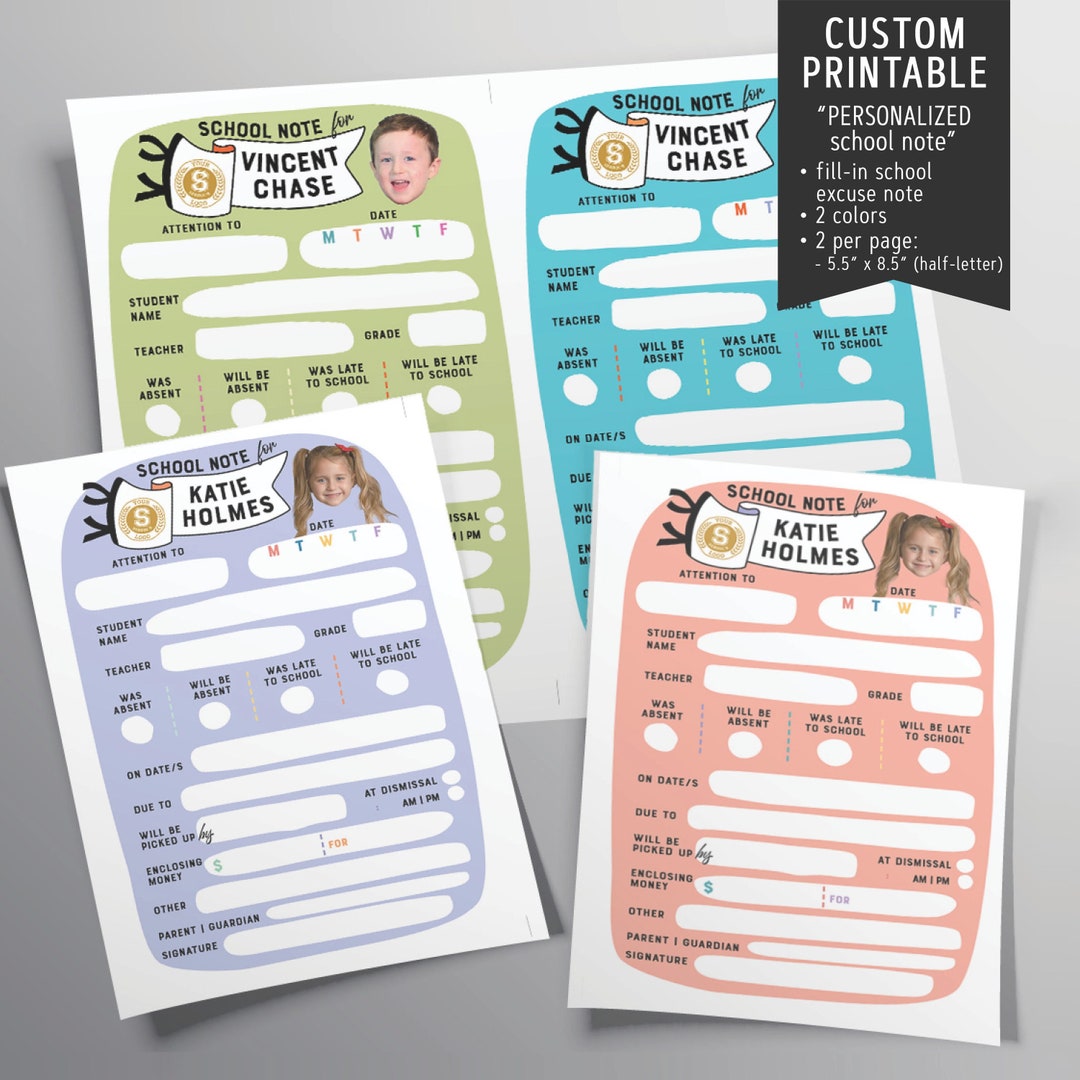 CUSTOM School Note, Printable, Downloadable - School Logo & Childs Face ...