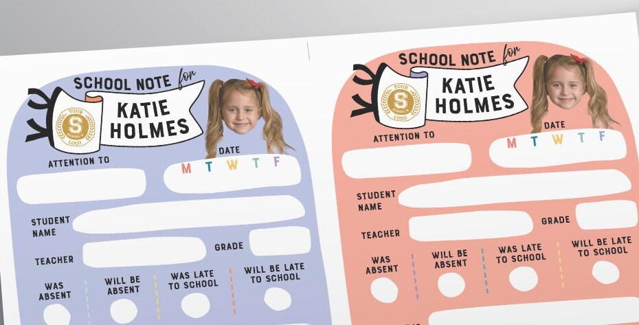 CUSTOM School Note, Printable, Downloadable - School Logo & Childs Face ...