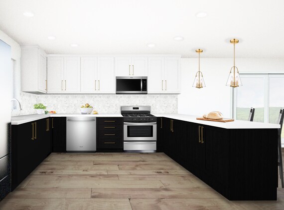 Black base cabinets with white uppers store