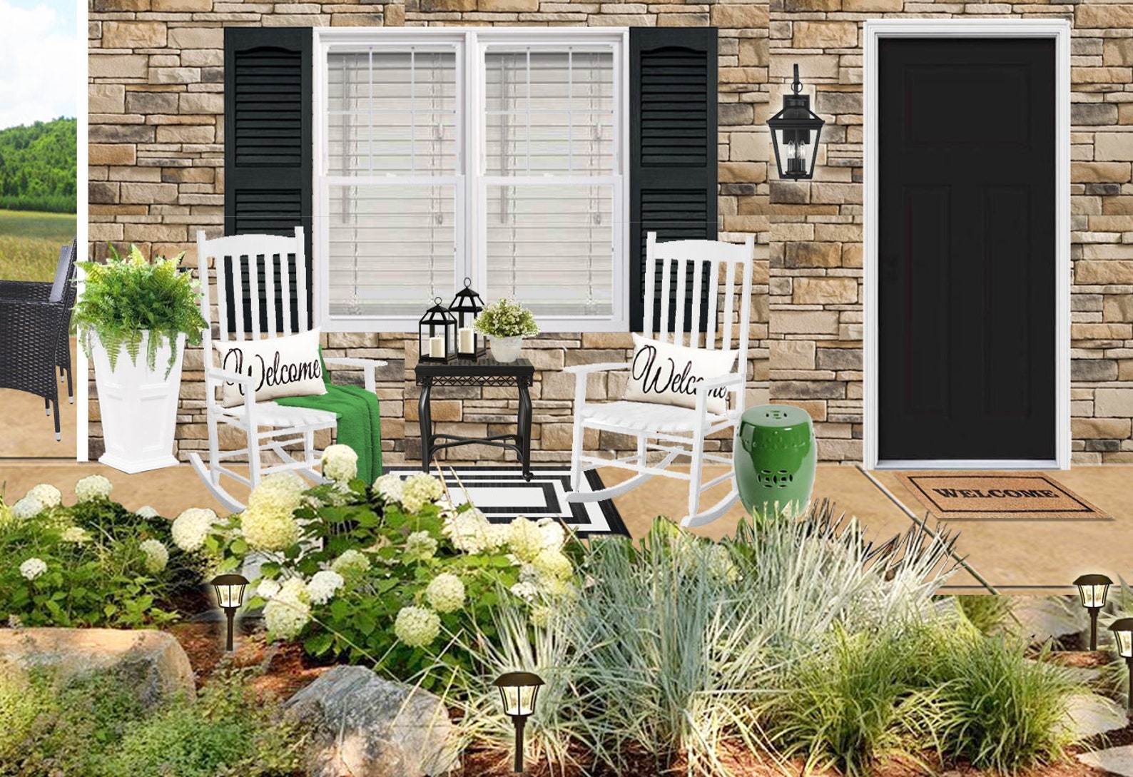 3D Rendering Front Patio Styling Front Porch Decor Front Porch Interior ...