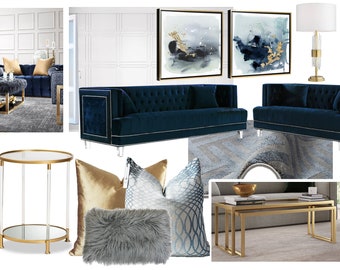 Moodboard Glam Navy Gold Living Room Interior Design Moodboard