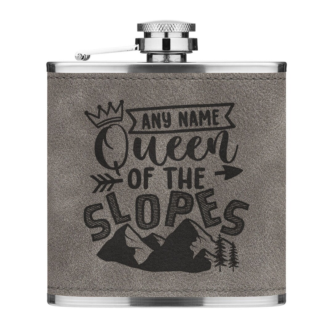 Personalised Queen of the Slopes 6oz PU Leather Hip Flask Grey Custom ...