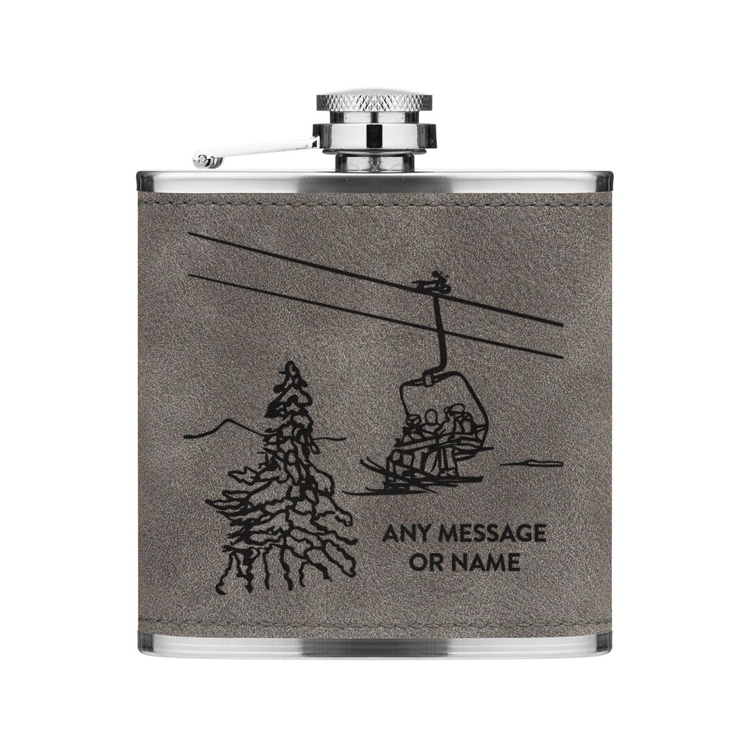 Personalised Ski Lift Skiing 6oz PU Leather Hip Flask Grey Custom Name ...