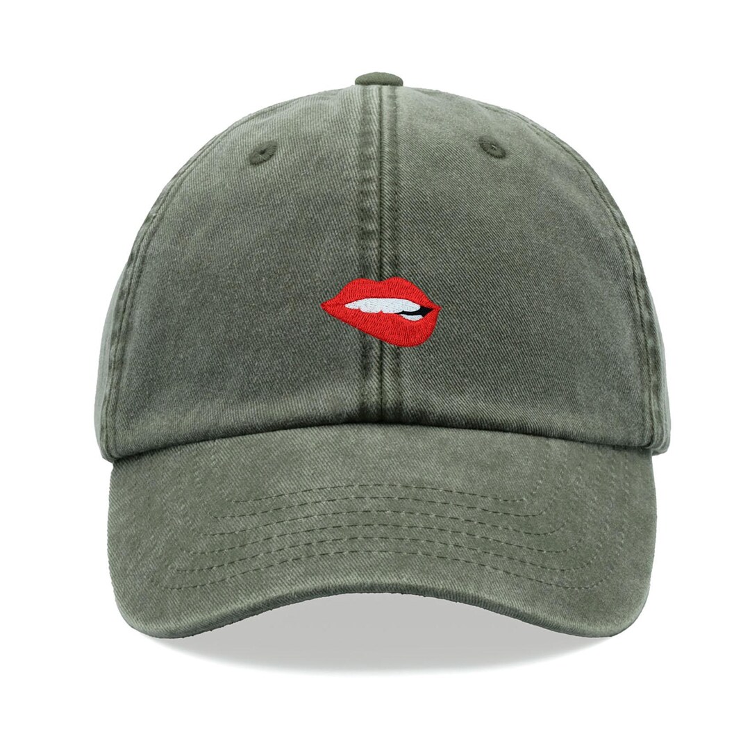 Red Lips Biting Baseball Cap Vintage Washed Unisex Dad Hat Low Profile ...