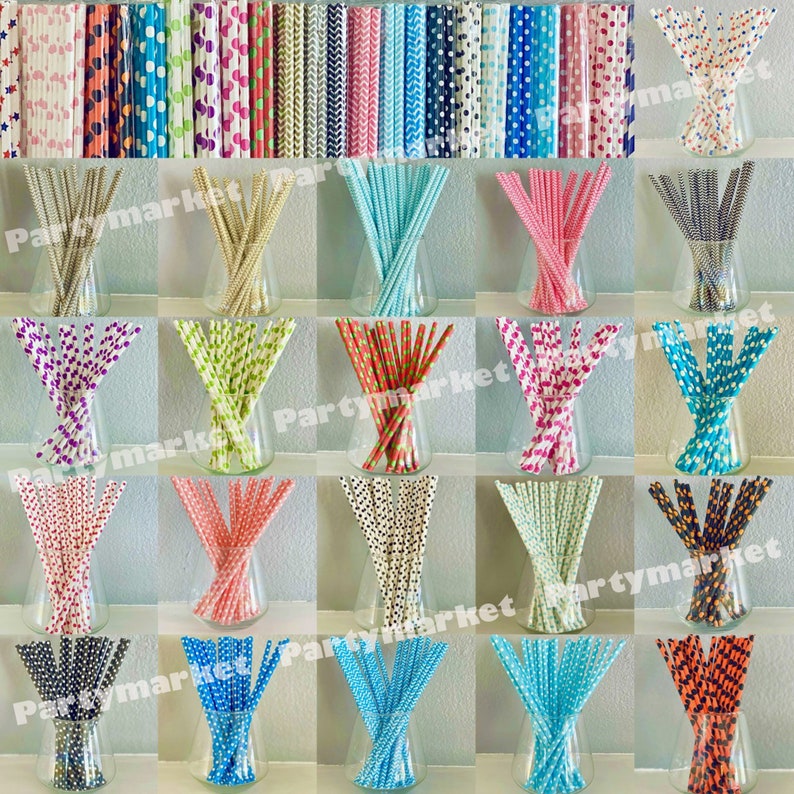 100 Pieces Paper Straws Decorative Striped / Polka Dot / Chevron ...