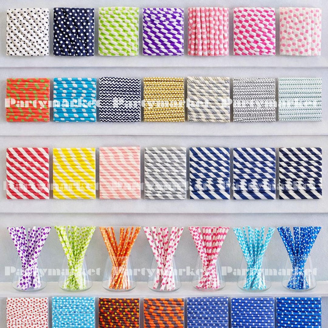 100 Pieces Paper Straws Decorative Striped / Polka Dot / Chevron ...