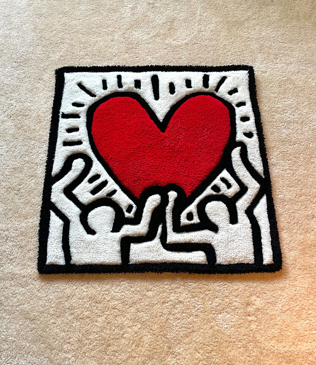 Handmade Custom Keith Haring Holding Heart Tufted Rug Logo Housewarming ...