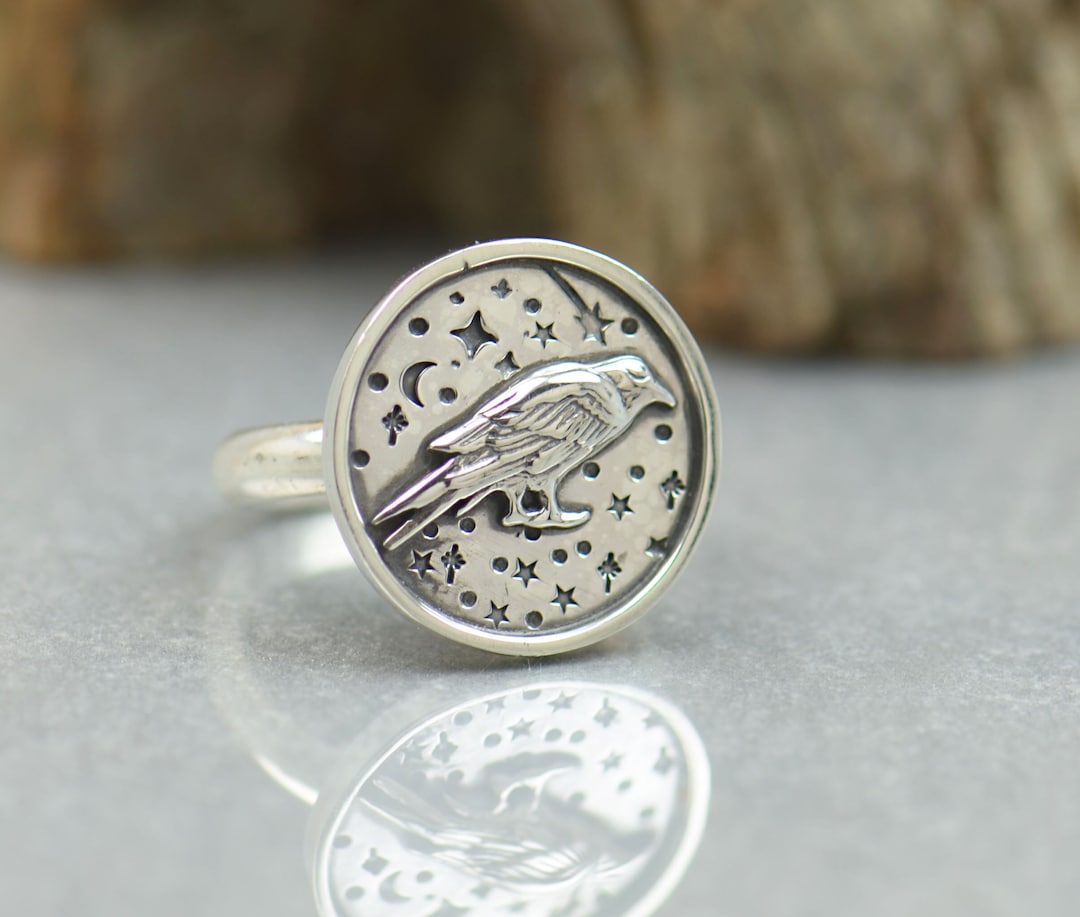 Raven Ring.artisan Sterling Silver Stars,skull Ring,exclusive Nature ...