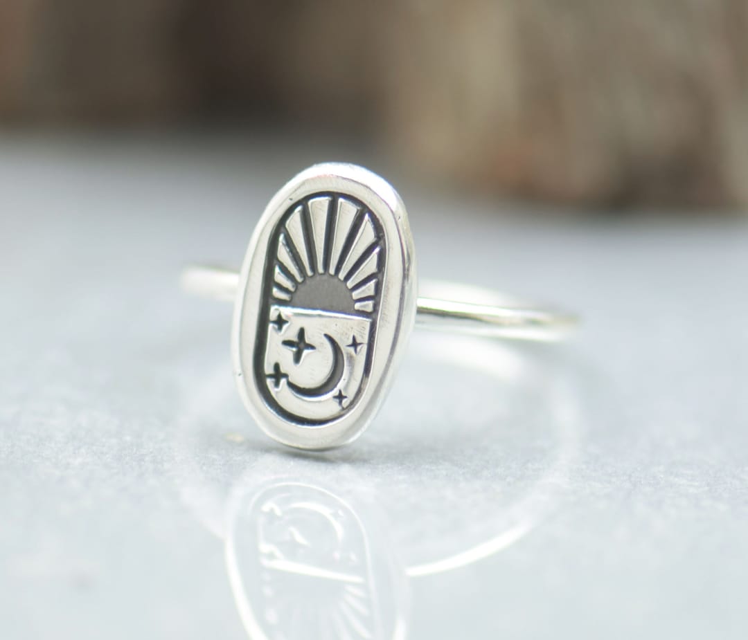 Sterling Silver Universe Sun Sunset Starry Night Ring Moon Phases Ring ...