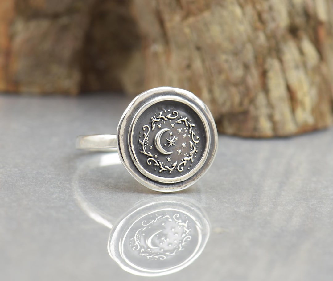 Sterling Silver Universe Moon Flowers Starry Night Ring Moon Phases ...