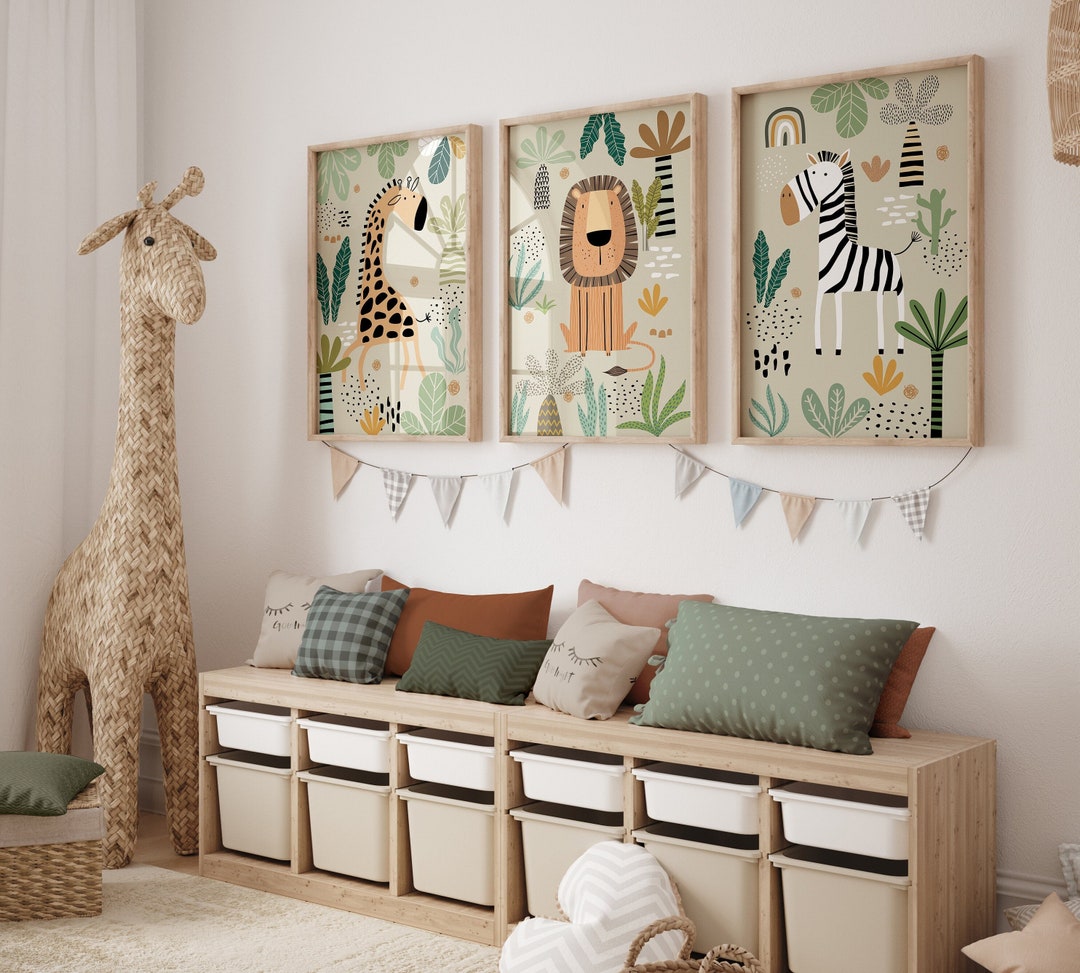 Safari Nursery Boho Beige Prints, Safari Animals Set 3, Giraffe, Lion ...