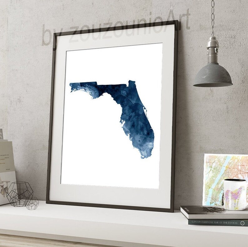 Florida State Map Print Florida Map Watercolor Navy Blue Art - Etsy