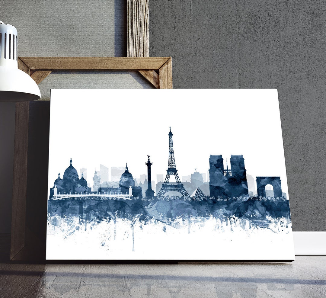 Paris Skyline Print, Paris Watercolor Navy Blue and White Poster, Paris ...