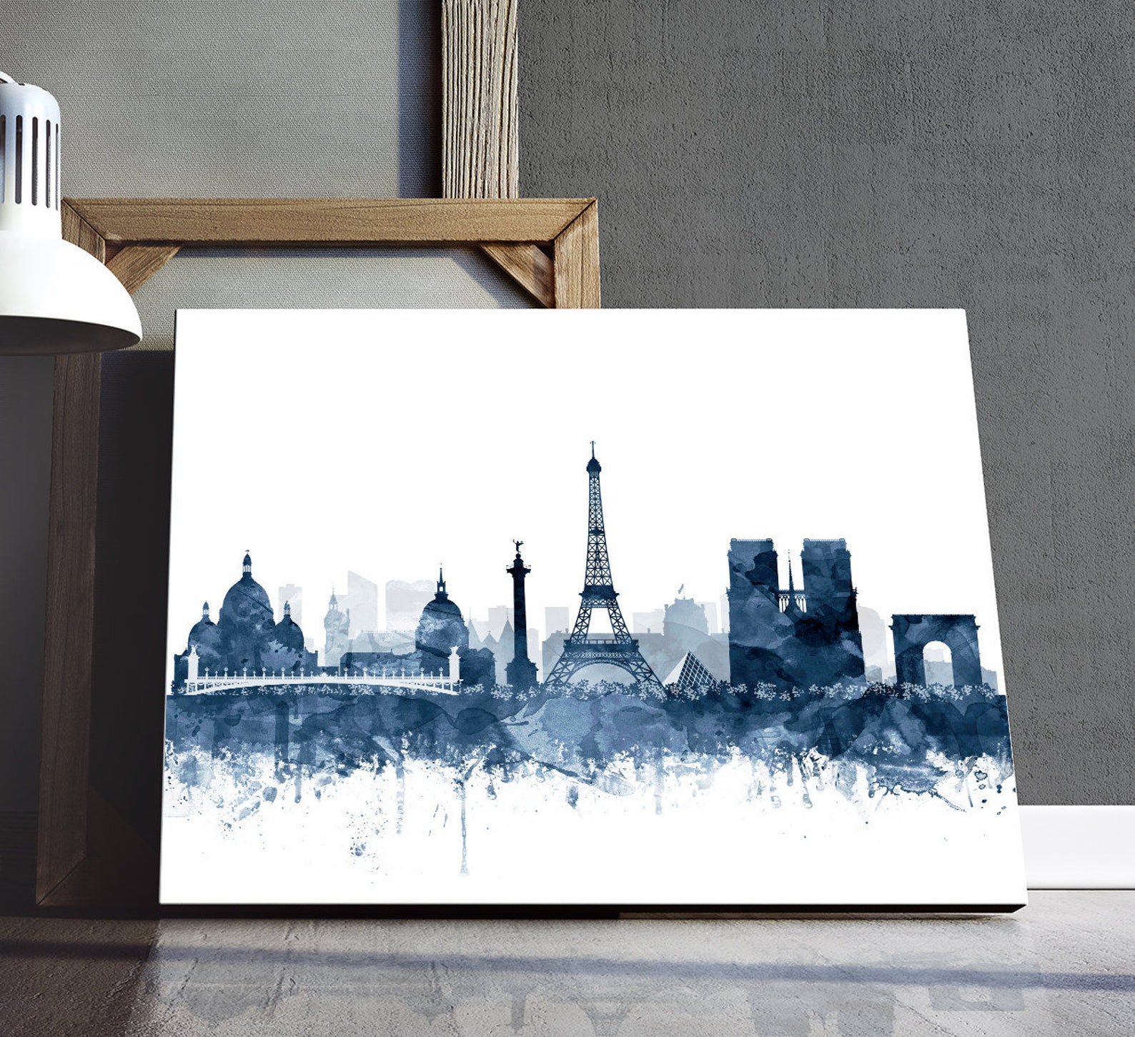 Paris Skyline Print, Paris Watercolor Navy Blue and White Poster, Paris ...