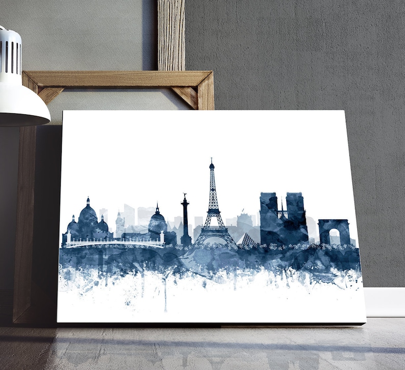 Paris Skyline Print, Paris Watercolor Navy Blue and White Poster, Paris ...