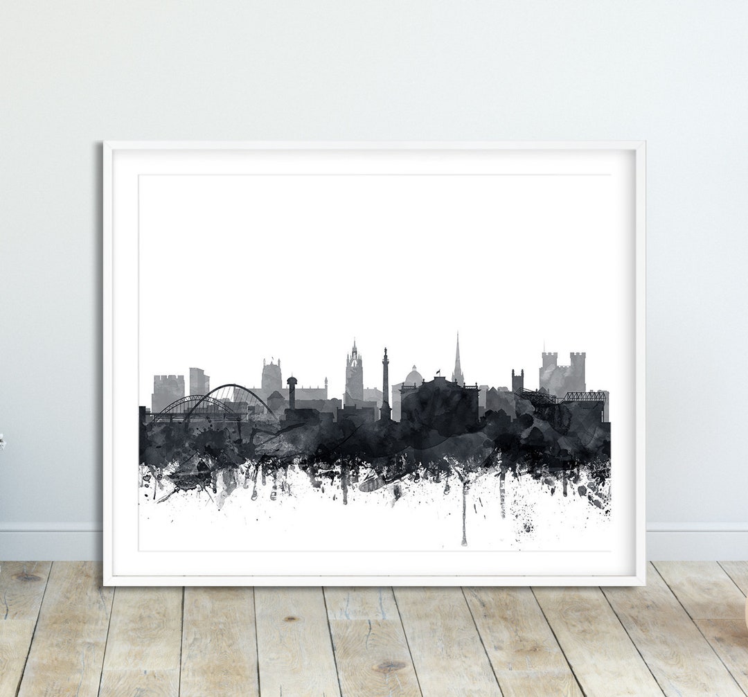 Newcastle Skyline Print, Newcastle Watercolor Grey Black and White ...