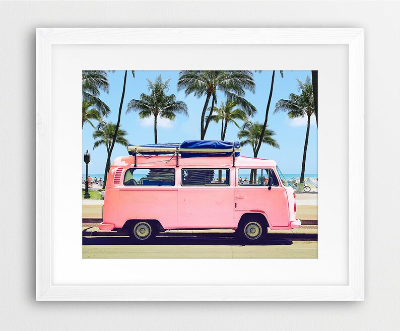 Coastal Tropical Wall Art, California Beach Poster, Pink Combi Van, WV ...