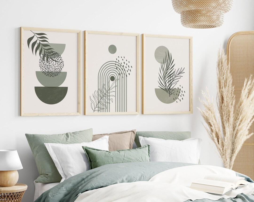 Boho Abstrakte Wandkunst, 3er Set Poster, Boho Wanddekor, Grüne Wand Drucke, Salbeigrün, Schwarz ...