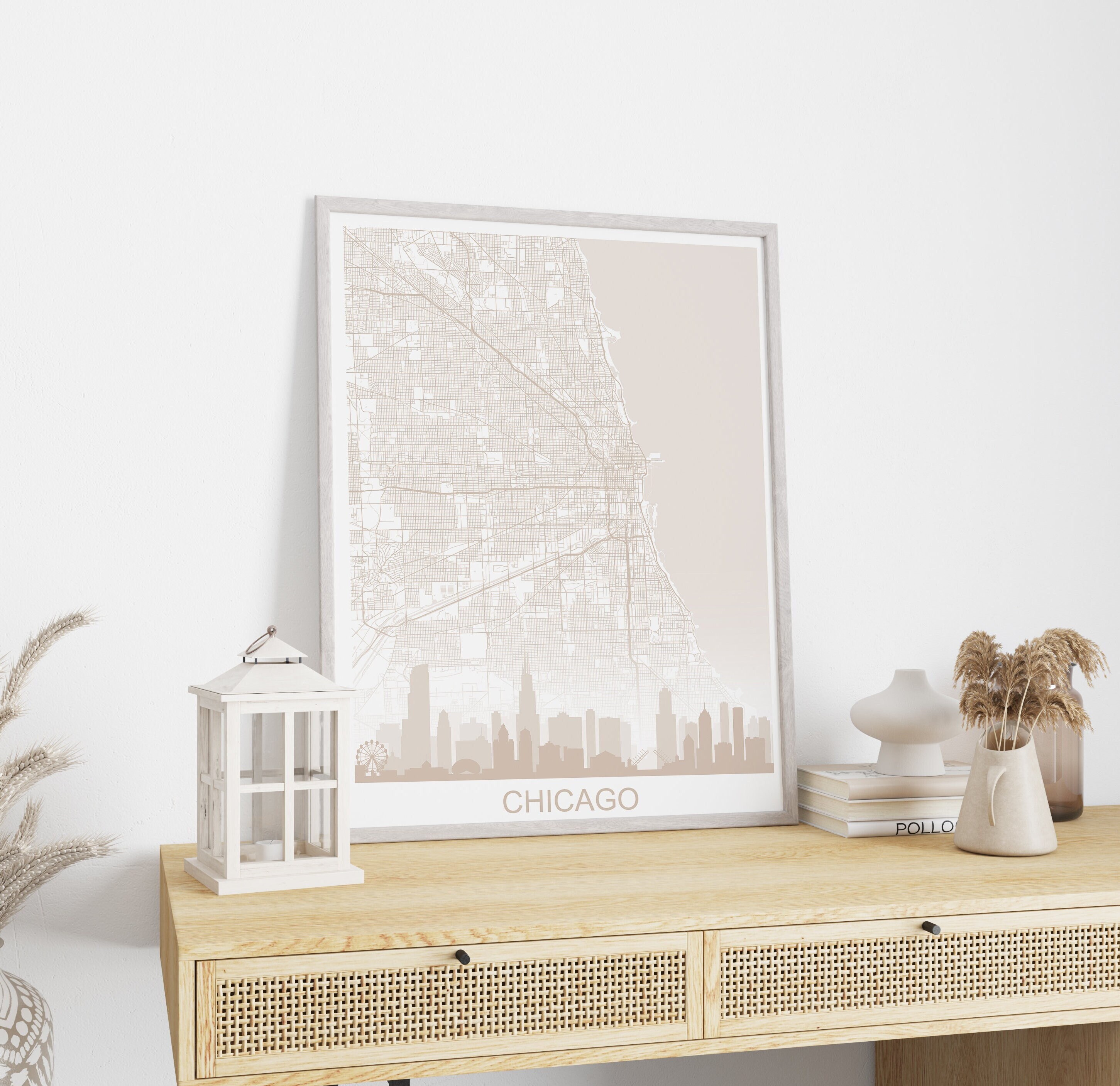 Chicago Map Skyline Print, Mapa del horizonte beige neutro, Paisaje ...