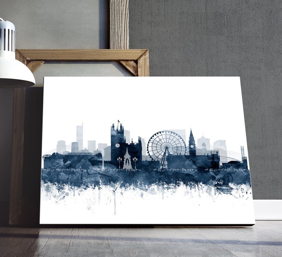 Manchester Skyline Art Print, Manchester Watercolor Navy Blue ...