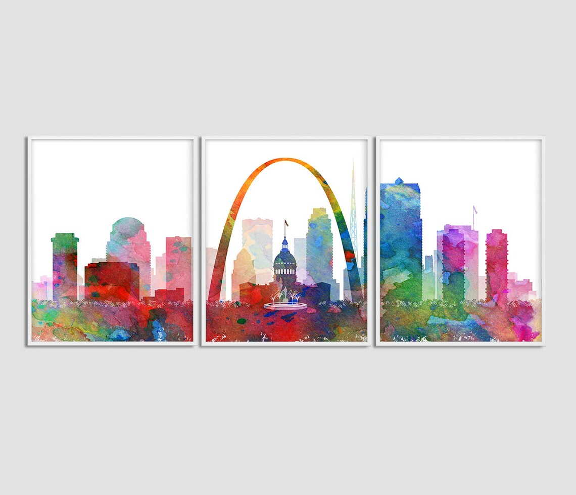 St Louis Print, St Louis Skyline Watercolor Set of 3 Posters, Cityscape ...