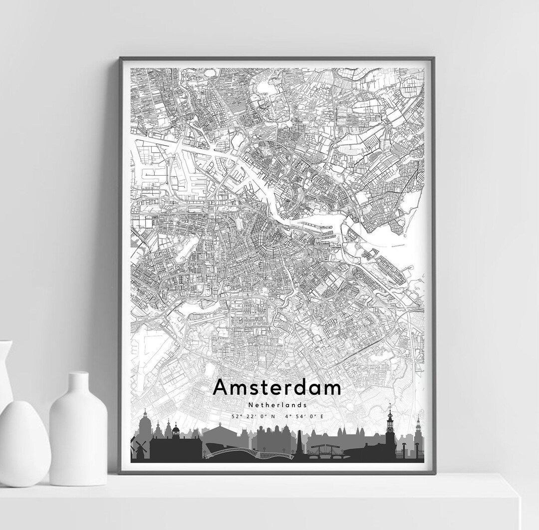 Amsterdam Map Poster, Amsterdam Skyline, Street Map Print, Black White ...