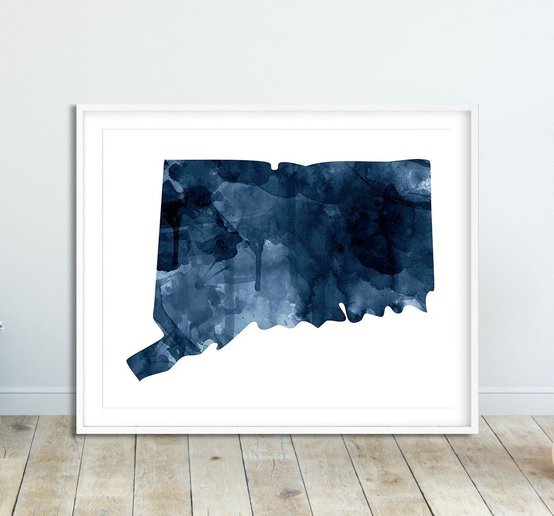 Connecticut State Map Print, Watercolor Navy Blue Connecticut Map ...