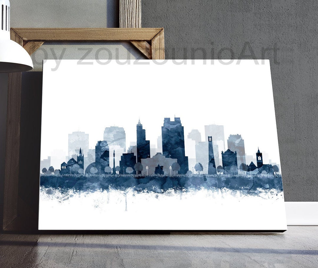 Raleigh Skyline Print, Raleigh Navy Blue Watercolor Art Poster, Raleigh ...
