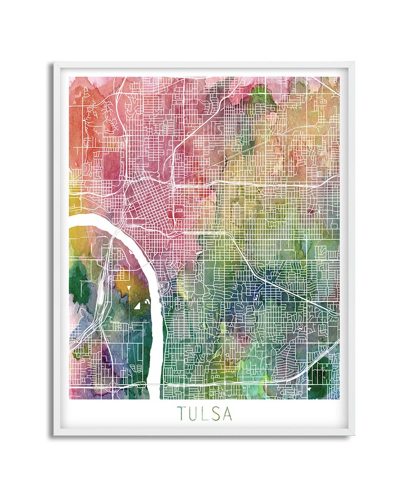 Tulsa City Urban Map Poster, Tulsa Street Print, Watercolor Map Tulsa ...