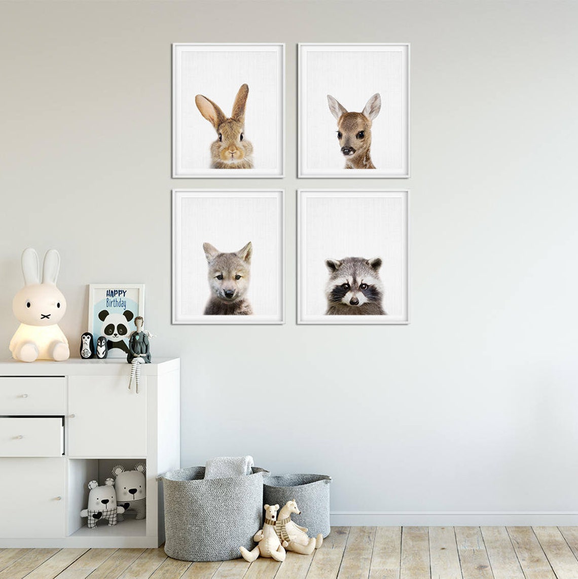 Woodland Nursery Decor Baby Animals Set 4 Bunny Wolf | Etsy