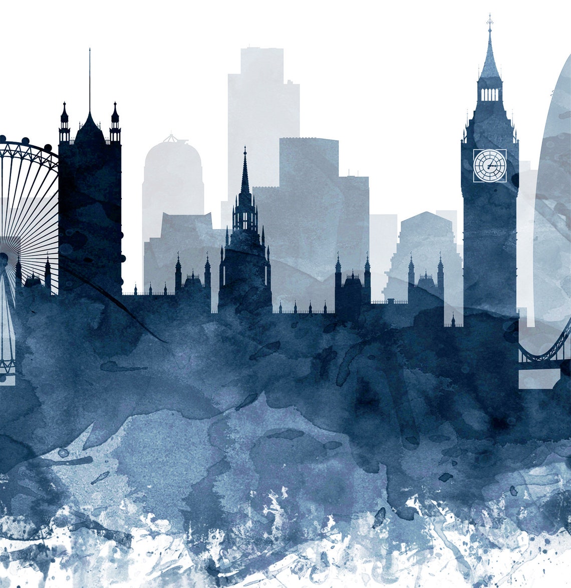 London Skyline Print London Watercolor Navy Blue White | Etsy