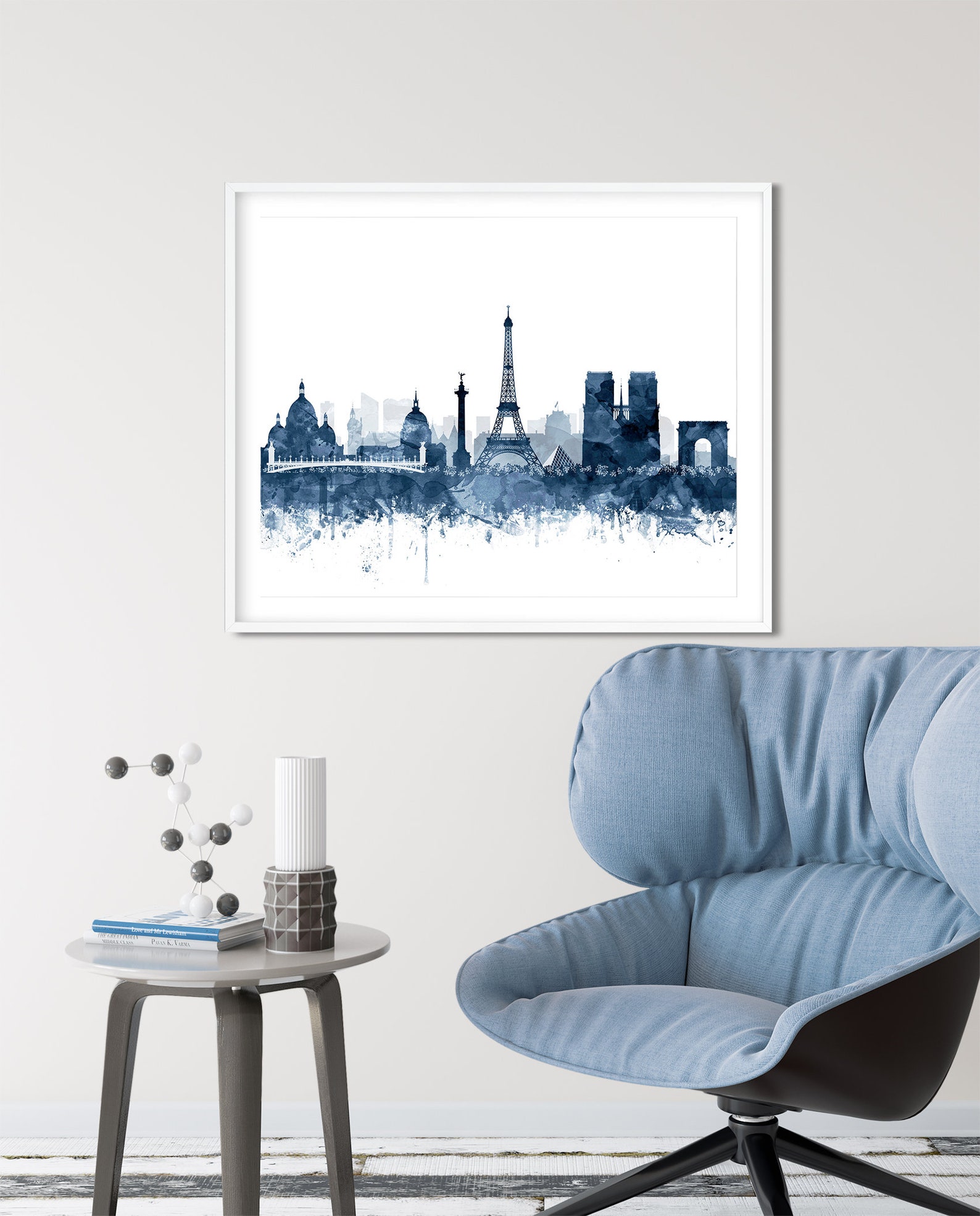 Paris Skyline Print, Paris Watercolor Navy Blue and White Poster, Paris ...