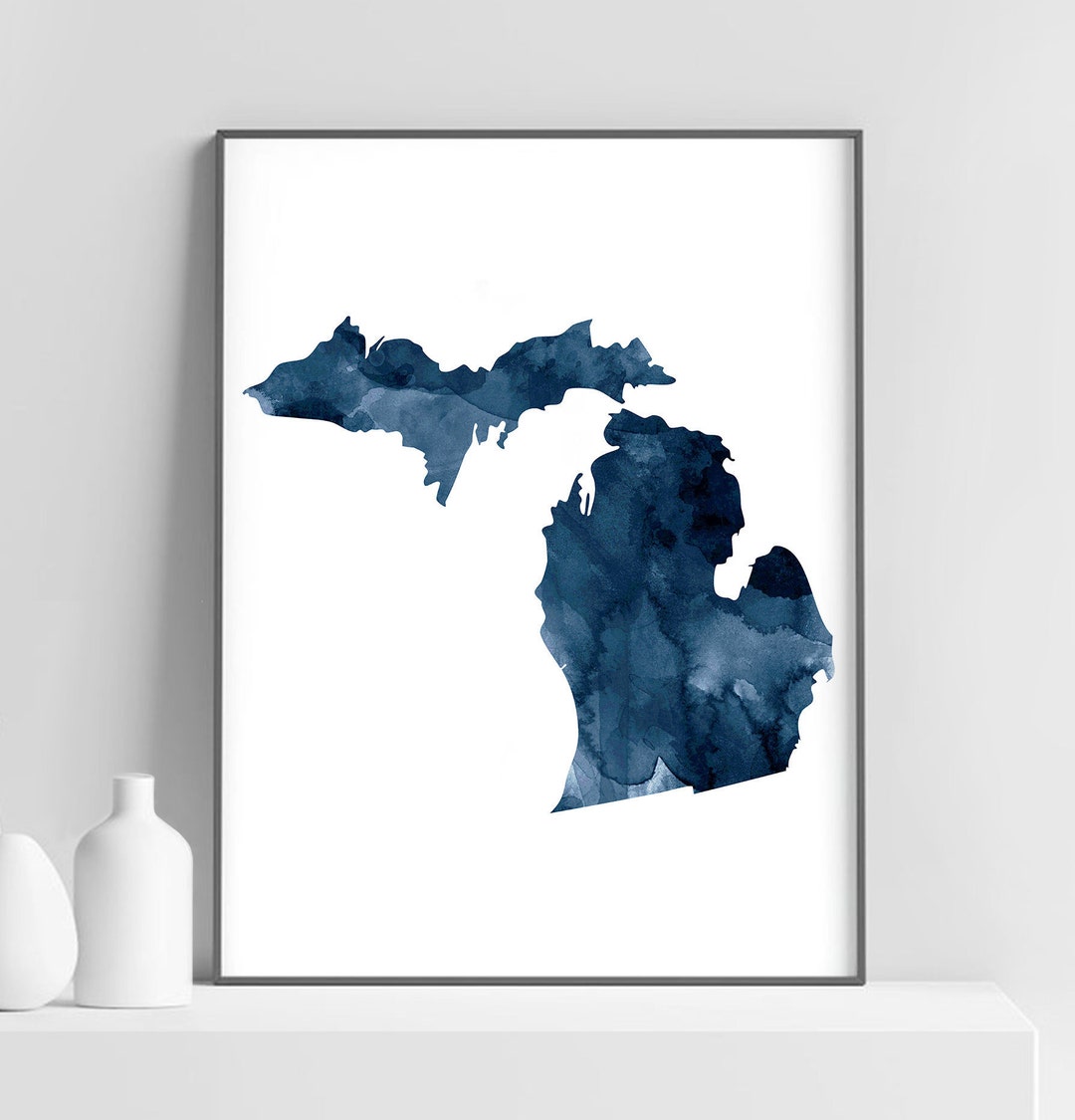 Michigan State Art Map Print, Blue Watercolor Map Michigan, Silhouette ...