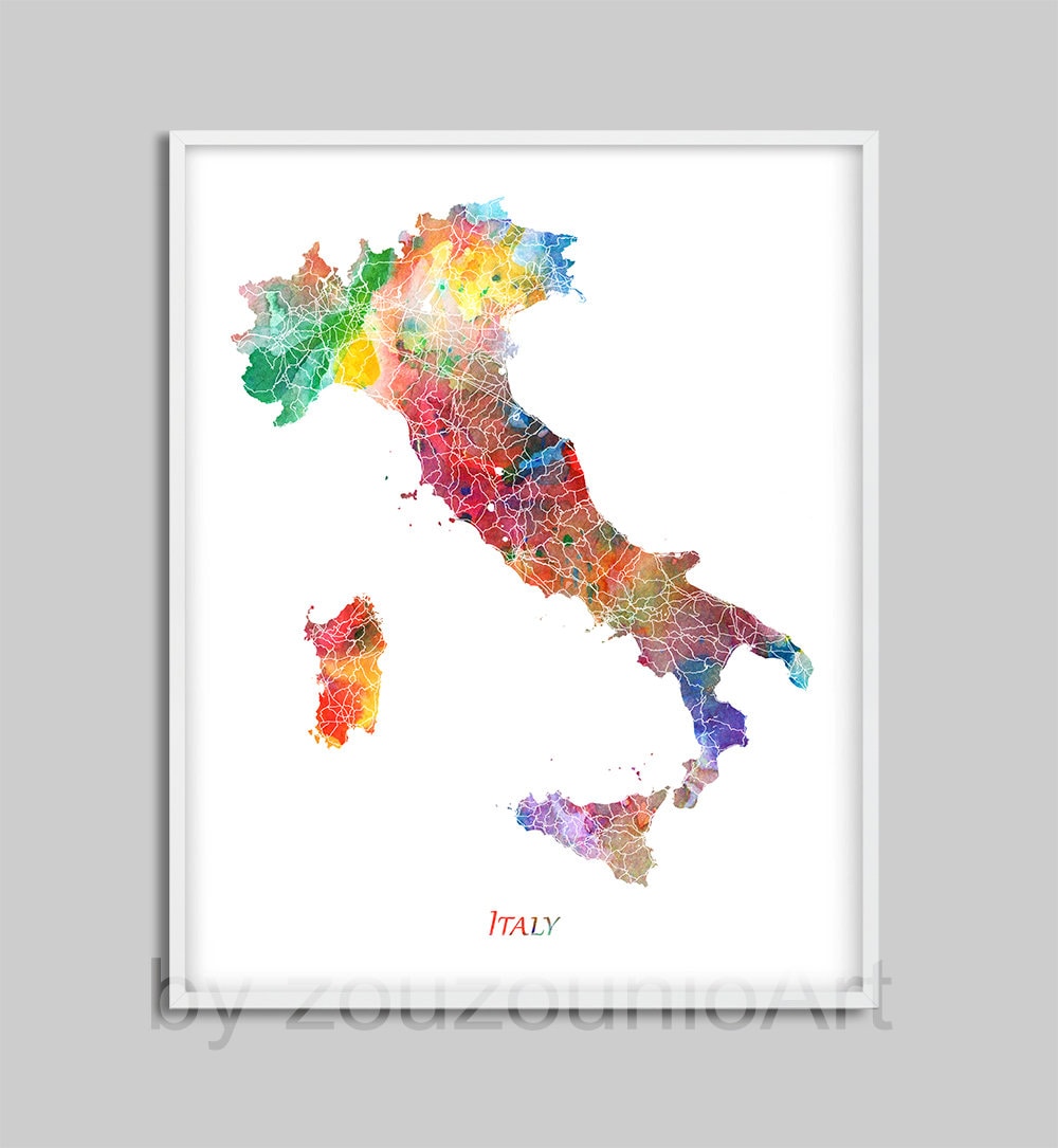 Italy Map Art Print Italy Watercolor Map Art Poster Modern | Etsy