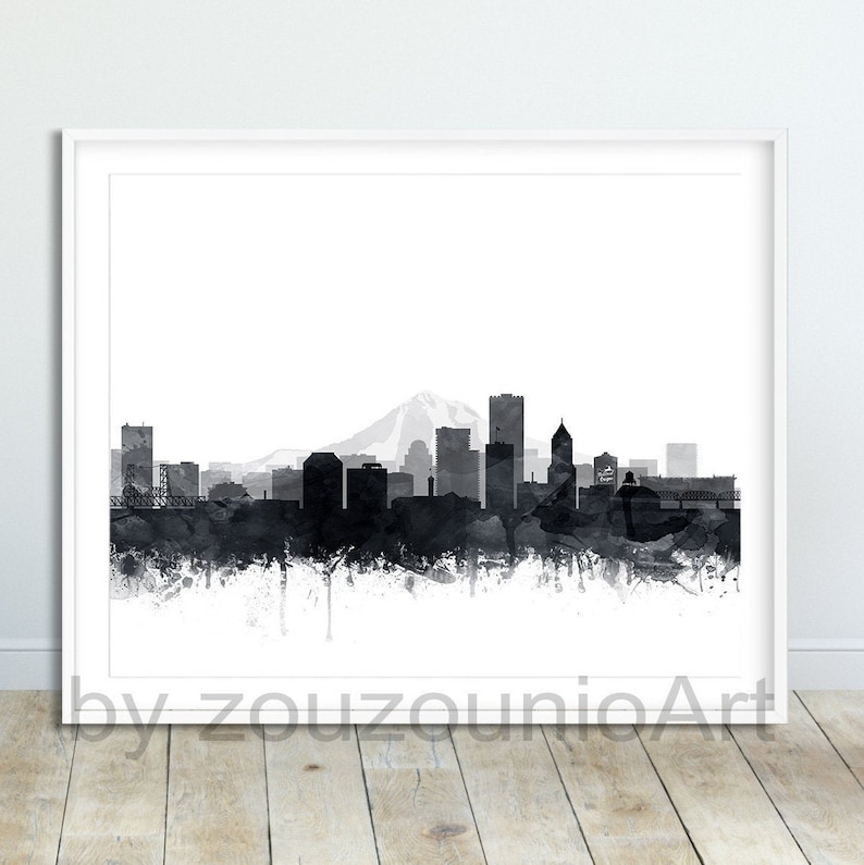 Portland Skyline Print, Portland Oregon Cityscape, Watercolor Grey ...