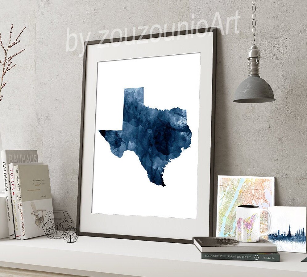 Texas State Map Print, Watercolor Navy Blue Texas Map Silhouette ...