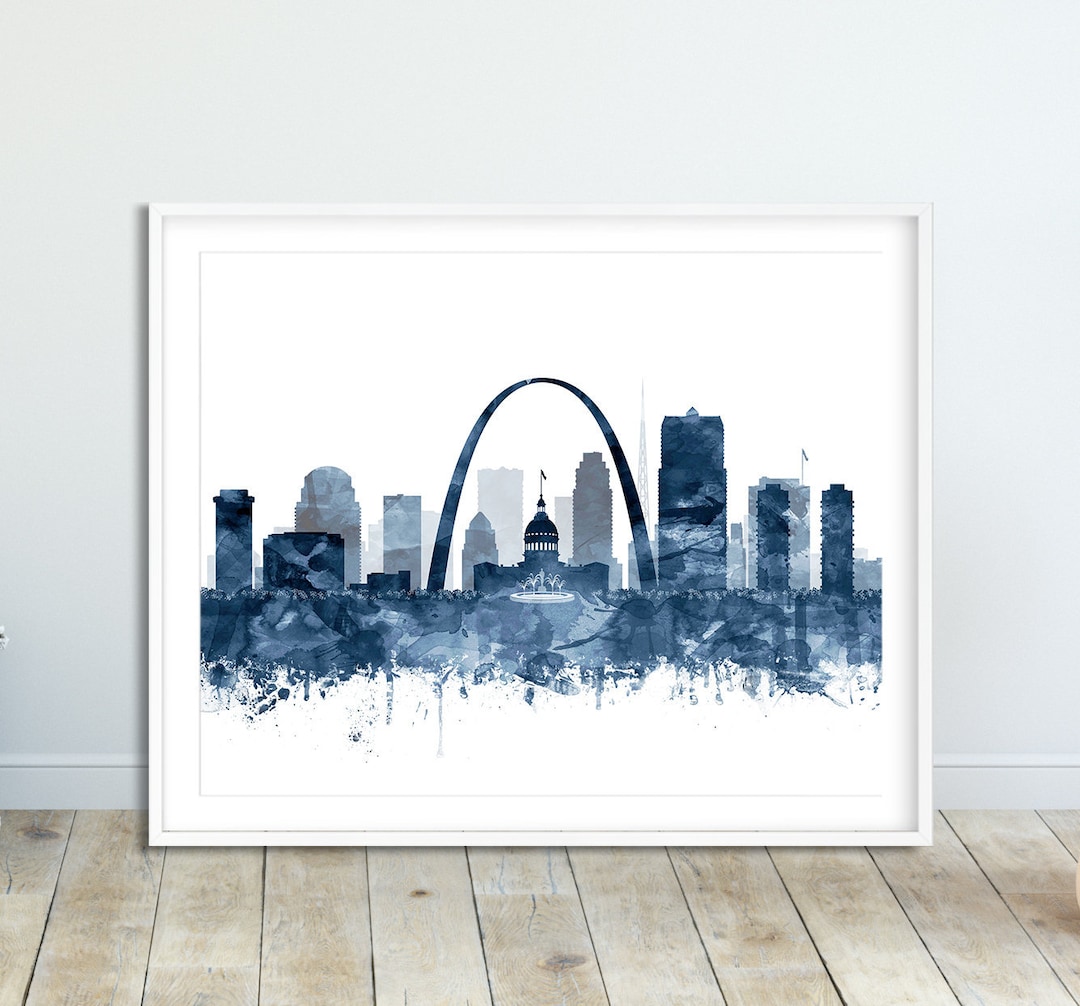 St Louis Print, St Louis Skyline Art Poster, Navy Blue Watercolor ...