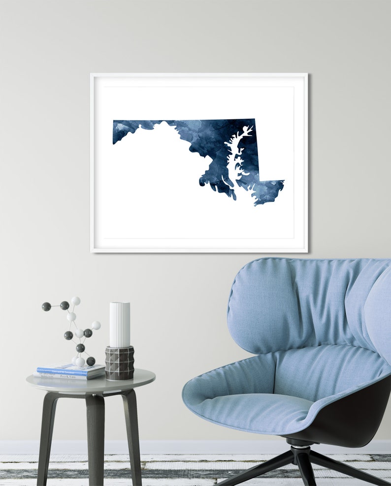 Maryland State Map Print Navy Blue Watercolor Maryland | Etsy