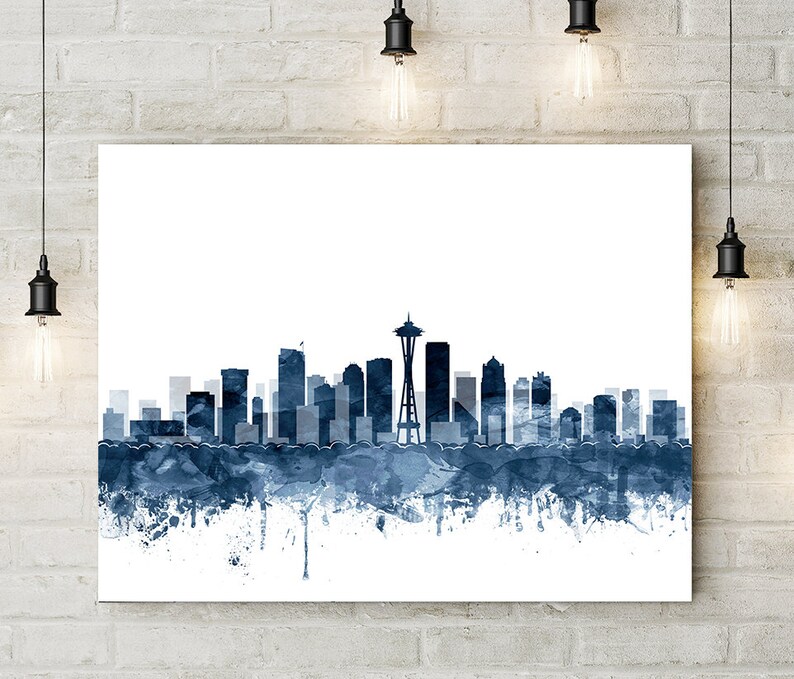 Seattle Skyline Art Print Seattle Watercolor Navy Blue White - Etsy