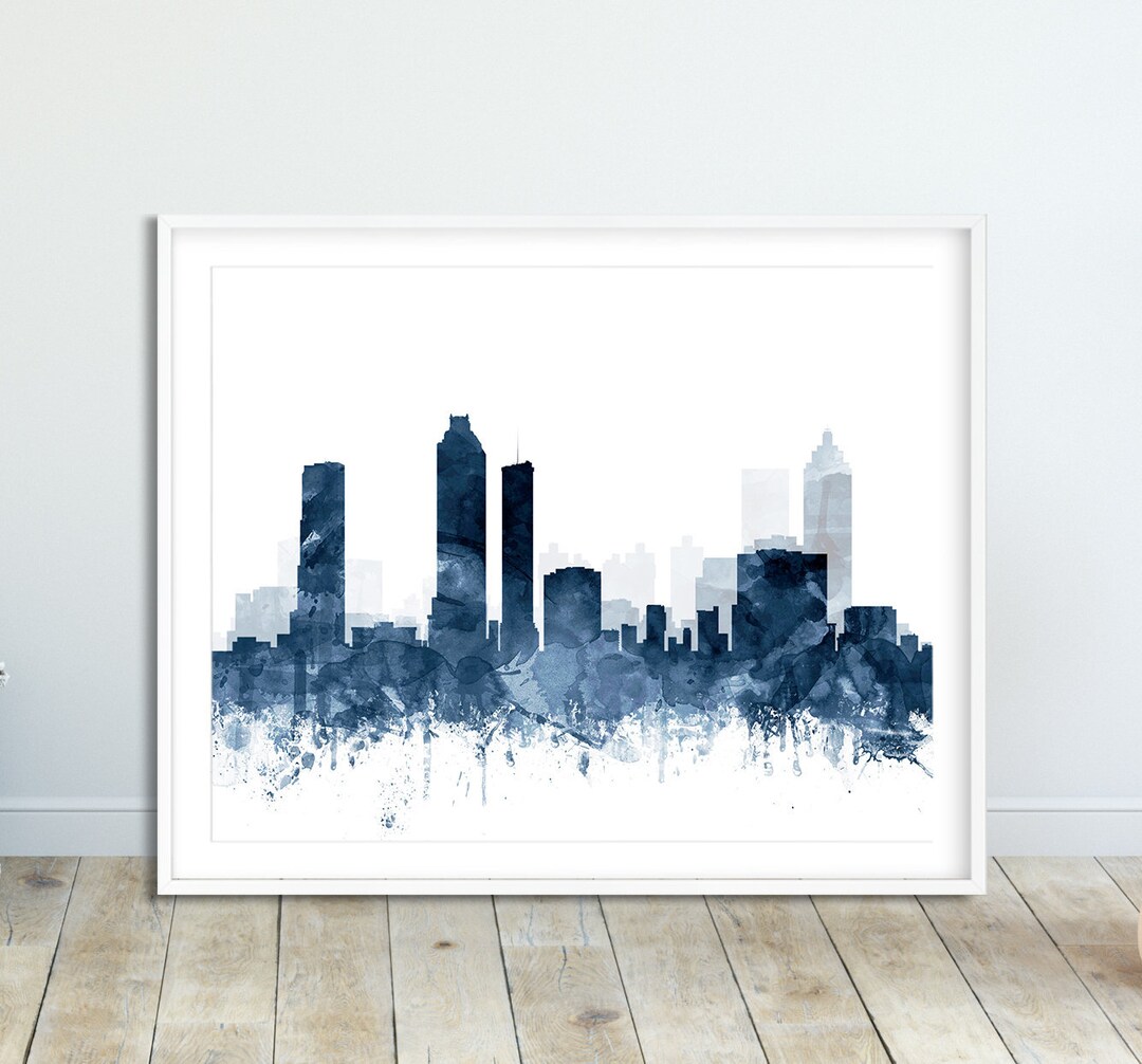 Atlanta Skyline Print, Atlanta Watercolor Navy Blue White Art Poster ...