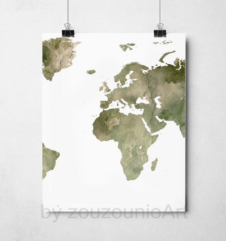 World Map Watercolor Prints, World Map Set of 3, Watercolor Sage Green ...
