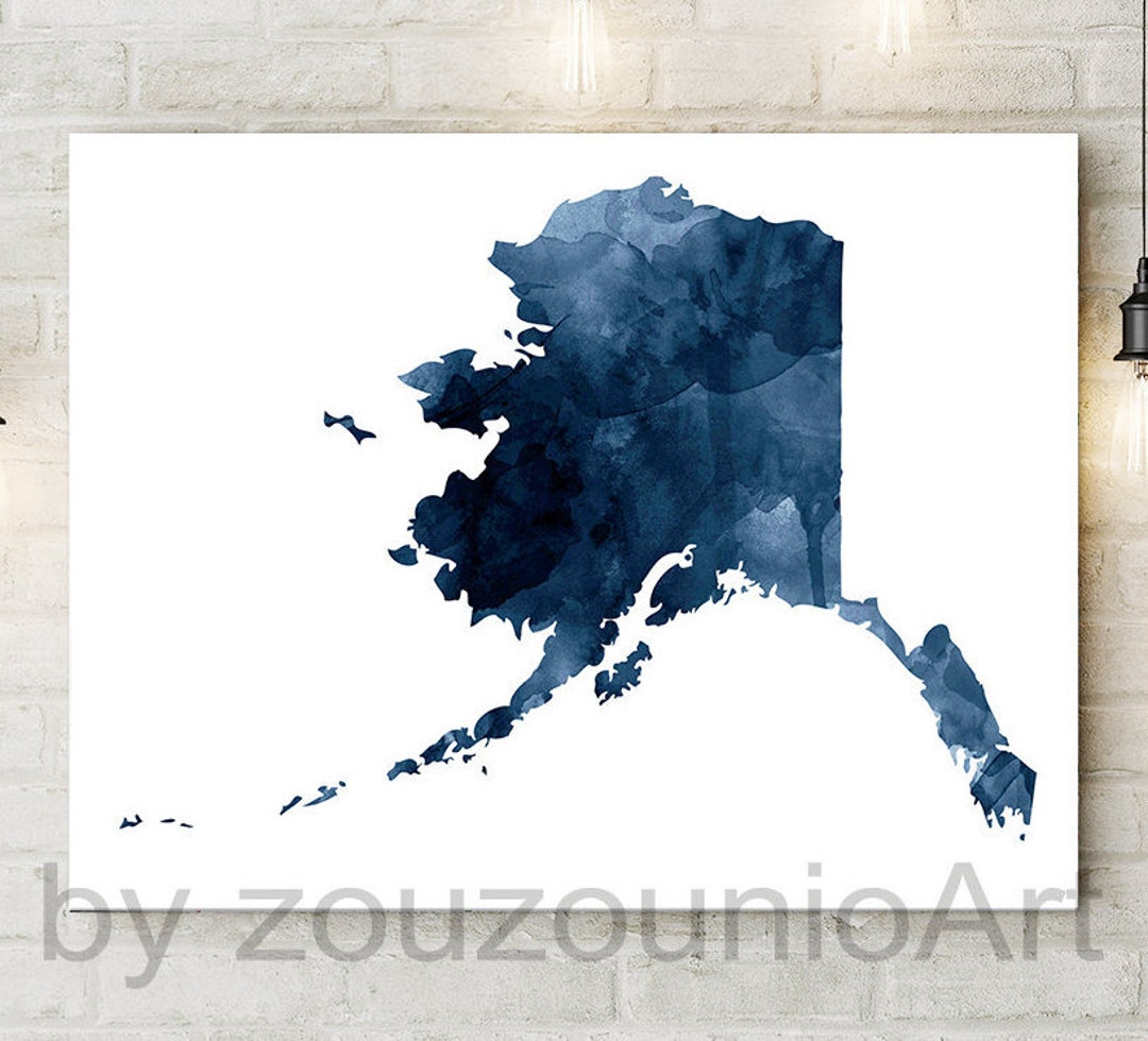 Alaska State Map Print, Alaska Map Silhouette Watercolor Navy Blue ...