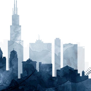 Chicago Print Chicago Skyline Watercolor Navy Blue Set of 3 | Etsy