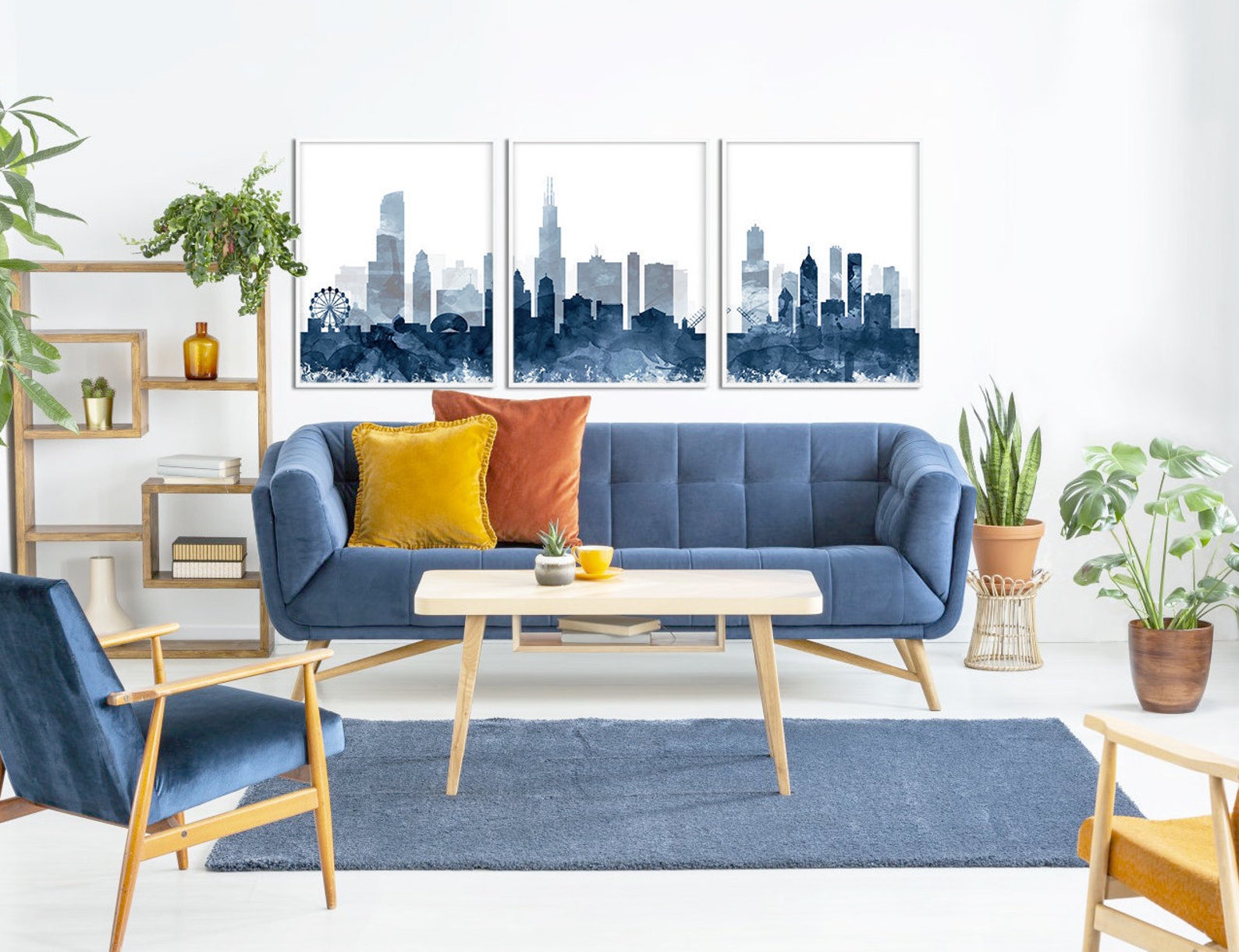 Chicago Print Chicago Skyline Watercolor Navy Blue Set of 3 - Etsy