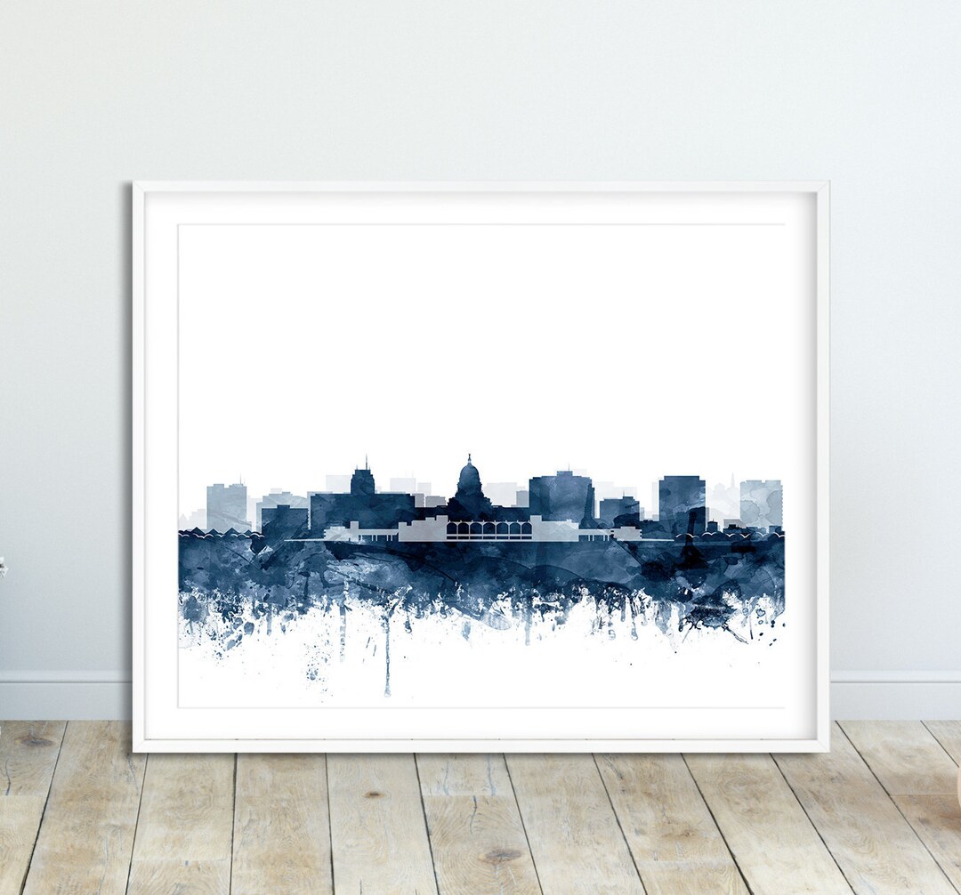 Madison Skyline Print, Madison Watercolor Navy Blue Art Poster, Madison ...